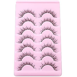 Wispy Lashes Natural Look False Eyelashes Clear Band Fluffy Faux Mink Cat Eye Lashes Pack 15mm 3D Light Fake Lashs that look like Extensions Soft Curly Lash Strips 7 Pairs