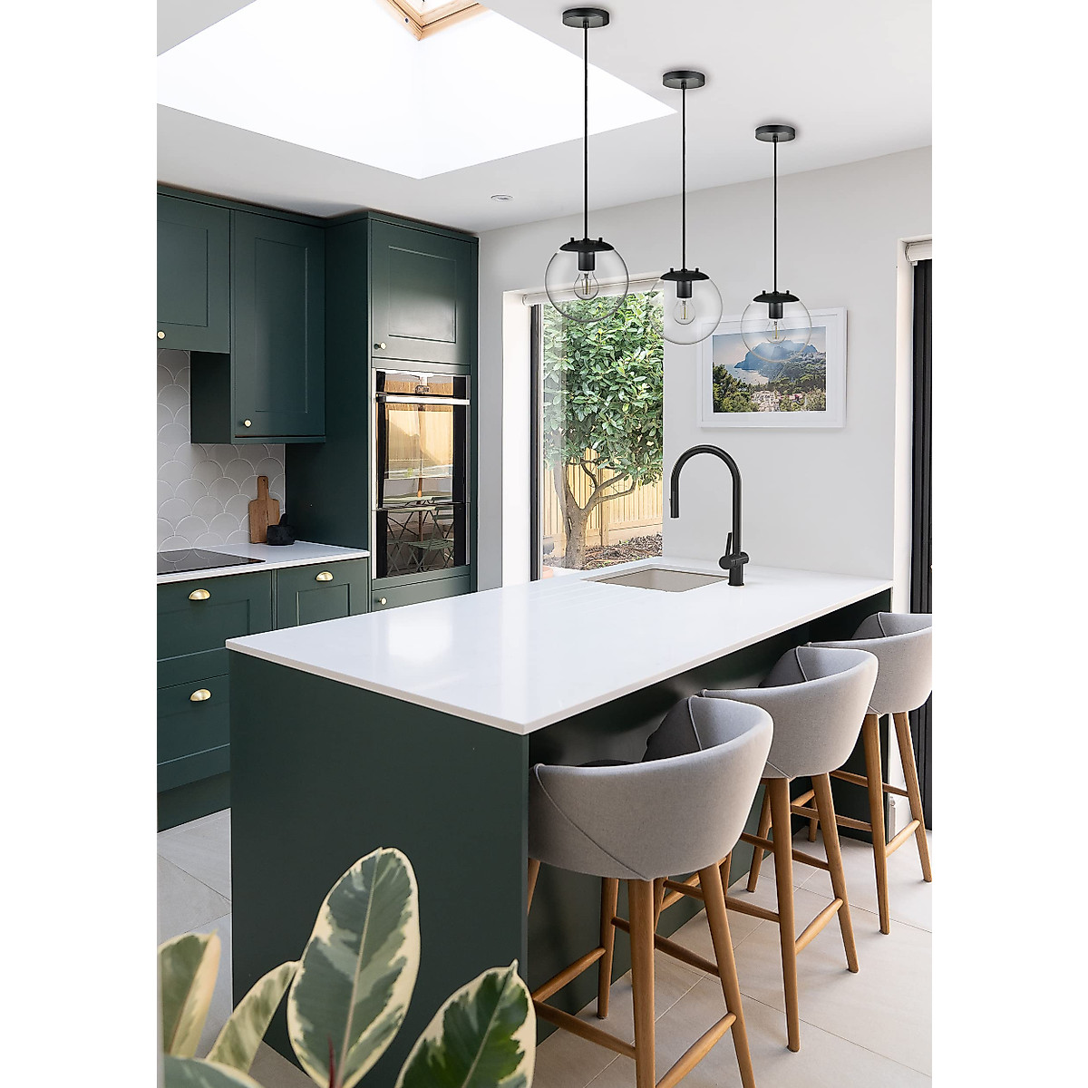 Linea di Liara Sferra Modern Large Glass Pendant Light Kitchen Island Black Pendant Lighting Clear Glass Globe Pendant Light Mid Century Hanging Light Fixture, LED Edison Bulb Included, UL Listed