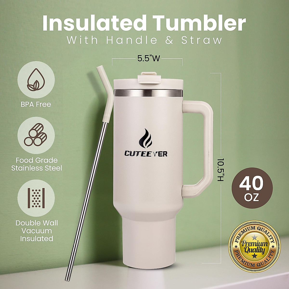 Cuteever Insulated Cup 40 oz Tumbler with Handle and Straw- Stainless Steel Water Bottle - Spill Proof Tumbler with Straw & Tumbler Accessories for Smoothie, Water, Iced Tea, or Coffee - Almond Color.