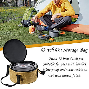 DOUBLEC DC Dutch Pot Storage Bag-For 12 Inch Oven, Pie Carrier with Lid and Handle, Pan More - Wet Wax Waterproof Bumper Fabric Cotton on Top Bottom -perfect for Outdoor Camping, Khaki