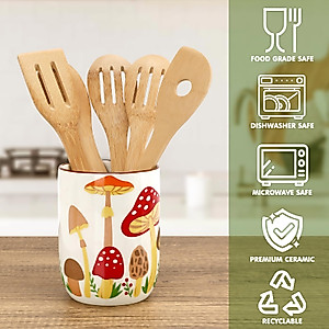 Nefelibata Mushroom Ceramic Utensil Holder Rustic Functional Utensil Crock Kitchen Storage Decor Perfect for Storing Cooking Tools and Cutlery Keep Organized Large Crock for Countertops