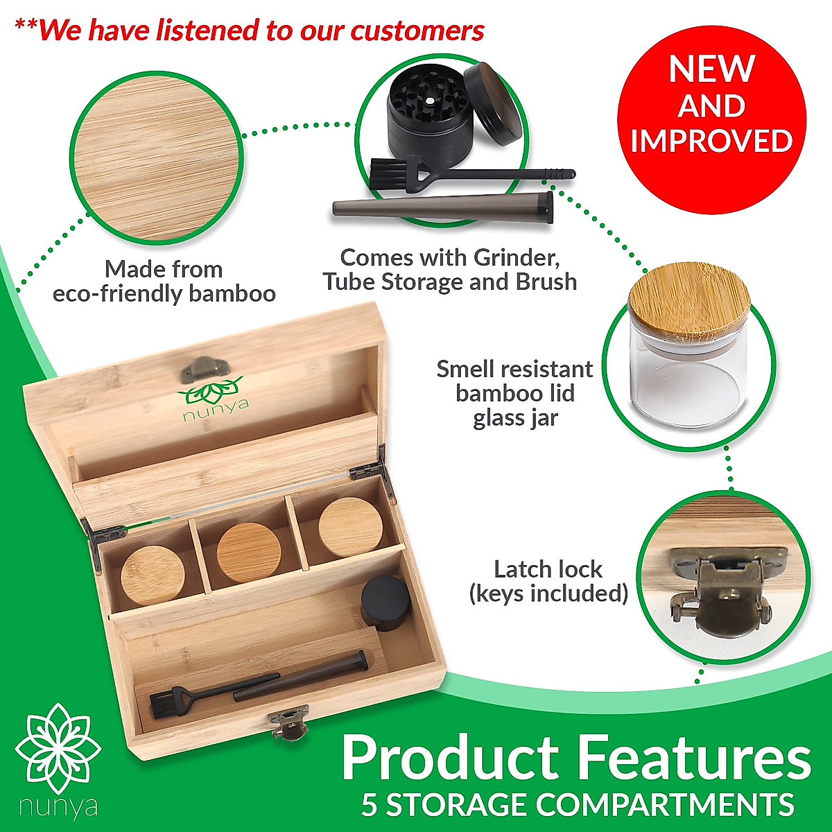 Improved. Nunya Large Storage Box for Herbs with Accessories, a Storage Container with Accessories, 5 pc kit w/ 3 Glass Jars and Rolling Tray