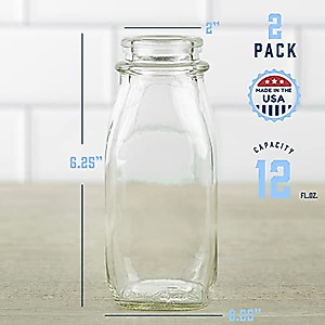 Kitchentoolz 12 Oz Square Glass Milk Jugs with Caps - Perfect Milk Container for Refrigerator - 12 Ounce Glass Milk Bottle with Tamper Proof Lid and Pour Spout - Pack of 2