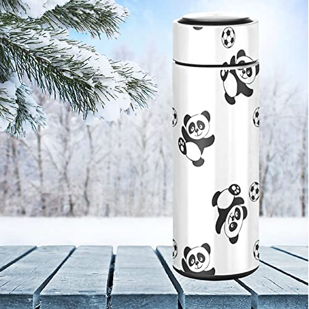 CaTaKu Panda Soccer White Water Bottle Insulated 16 oz Stainless Steel Flask Thermos Bottle for Coffee Water Drink Reusable Wide Mouth Vacuum Travel Mug