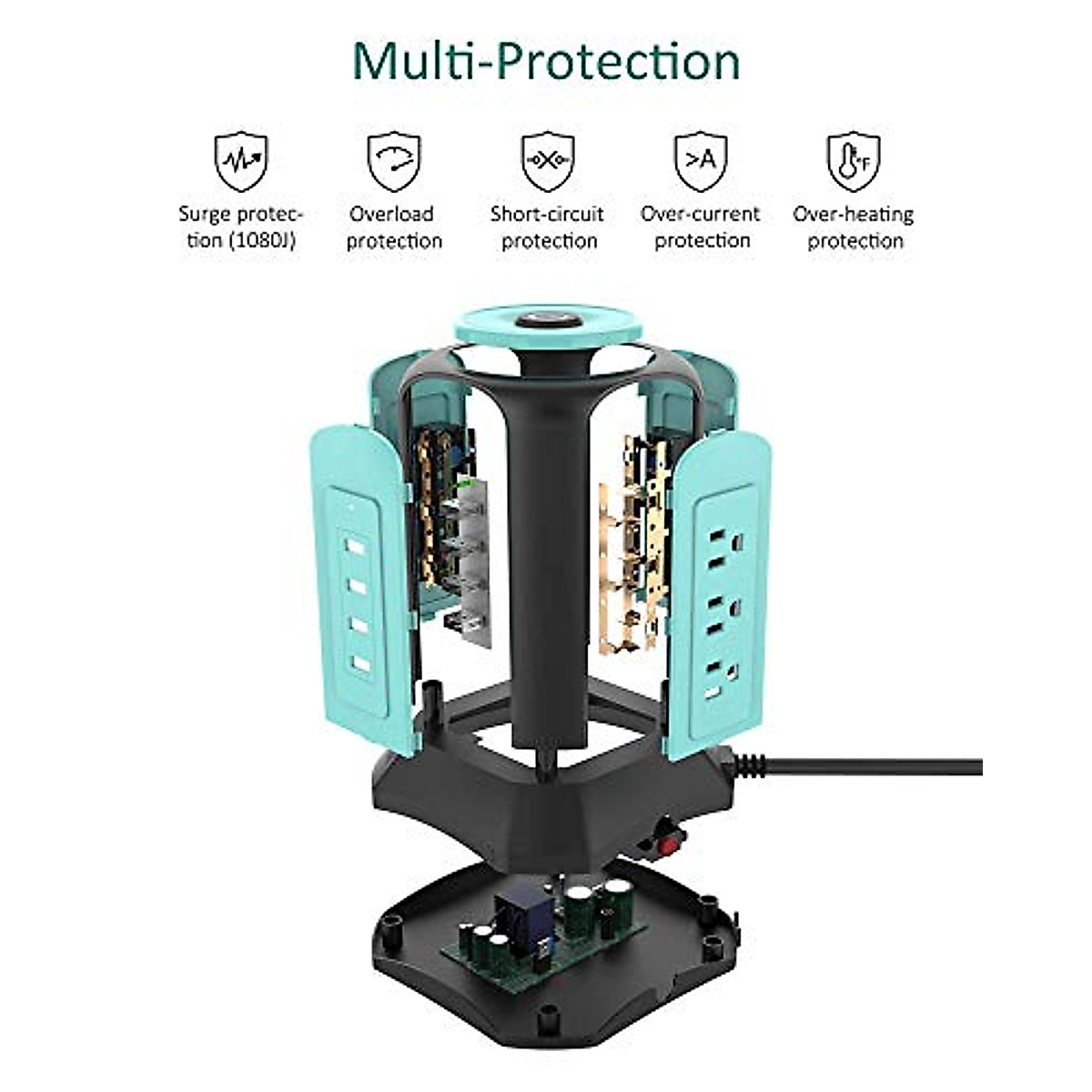 SUPERDANNY 9.8ft USB Power Strip Tower Surge Protector with 9 Outlet 4 USB 1080J Surge Protection, 2Pack, Black & Blue