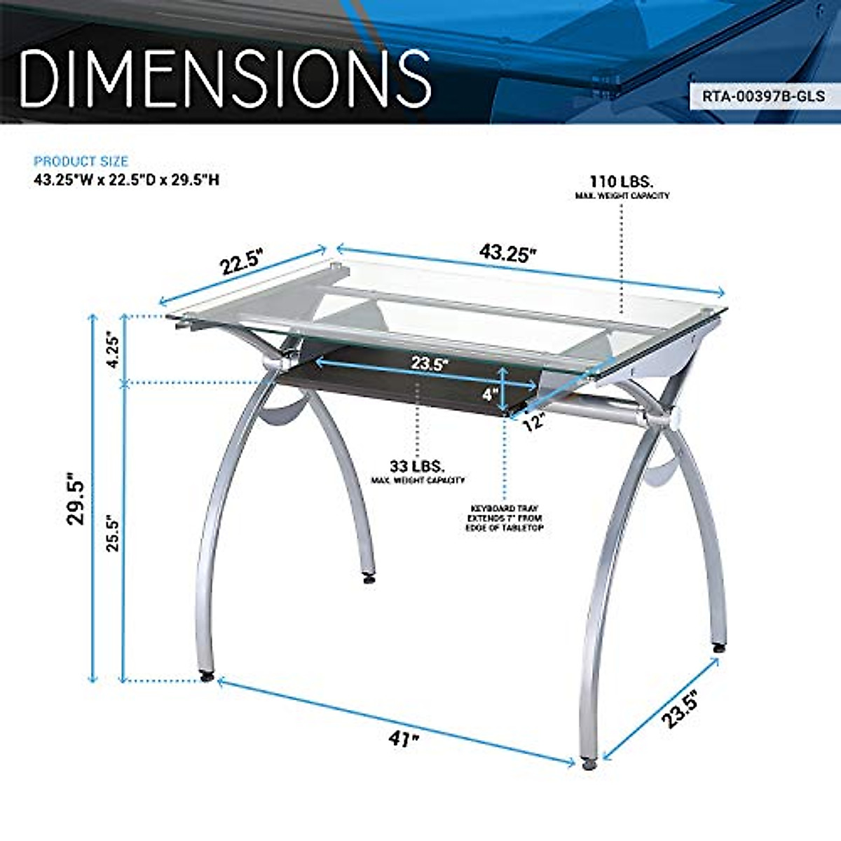 Techni Mobili Modern Work Desk-43.25” Wide Tray-Perfect Clear Contempo Glass Top Computer Desk with Pull Out Keyboard Panel, 43.25" W