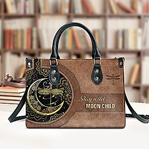 64HYDRO Stay Wild Moon Child Dragonfly Purses for Women, Shoulder Bag, Handbags for Women, Cute Gifts, Valentines Day Gifts for Her, Gifts for Sisters, Daughter, Mom, Friends - Travel Work Leather Bag