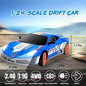 AGNEVE RC Drift Car 1:24 Scale RC Car with LED Lights Glow and Drifting Tires 2.4GHz Remote Control Car 4WD 14KM/h High-Speed RC Cars with 2 Rechargeable Batteries Boys Girls