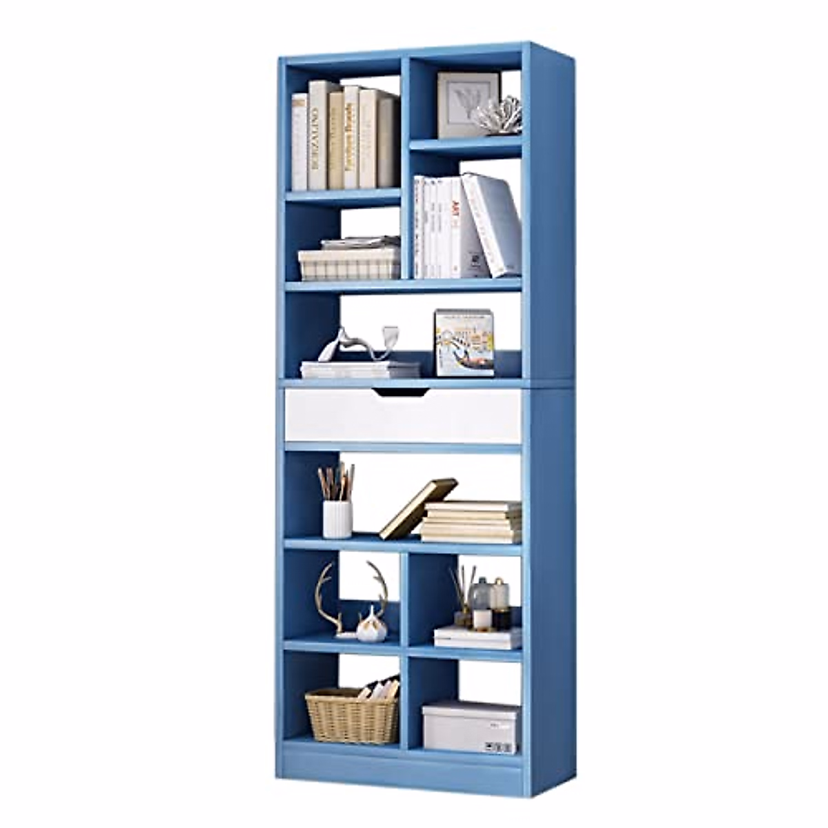 IOTXY Wooden Open Shelf Bookcase - 71 Inches Tall Freestanding Display Storage Cabinet Organizer with 10 Cubes and a Drawer, Floor Standing Bookshelf in Bright Blue