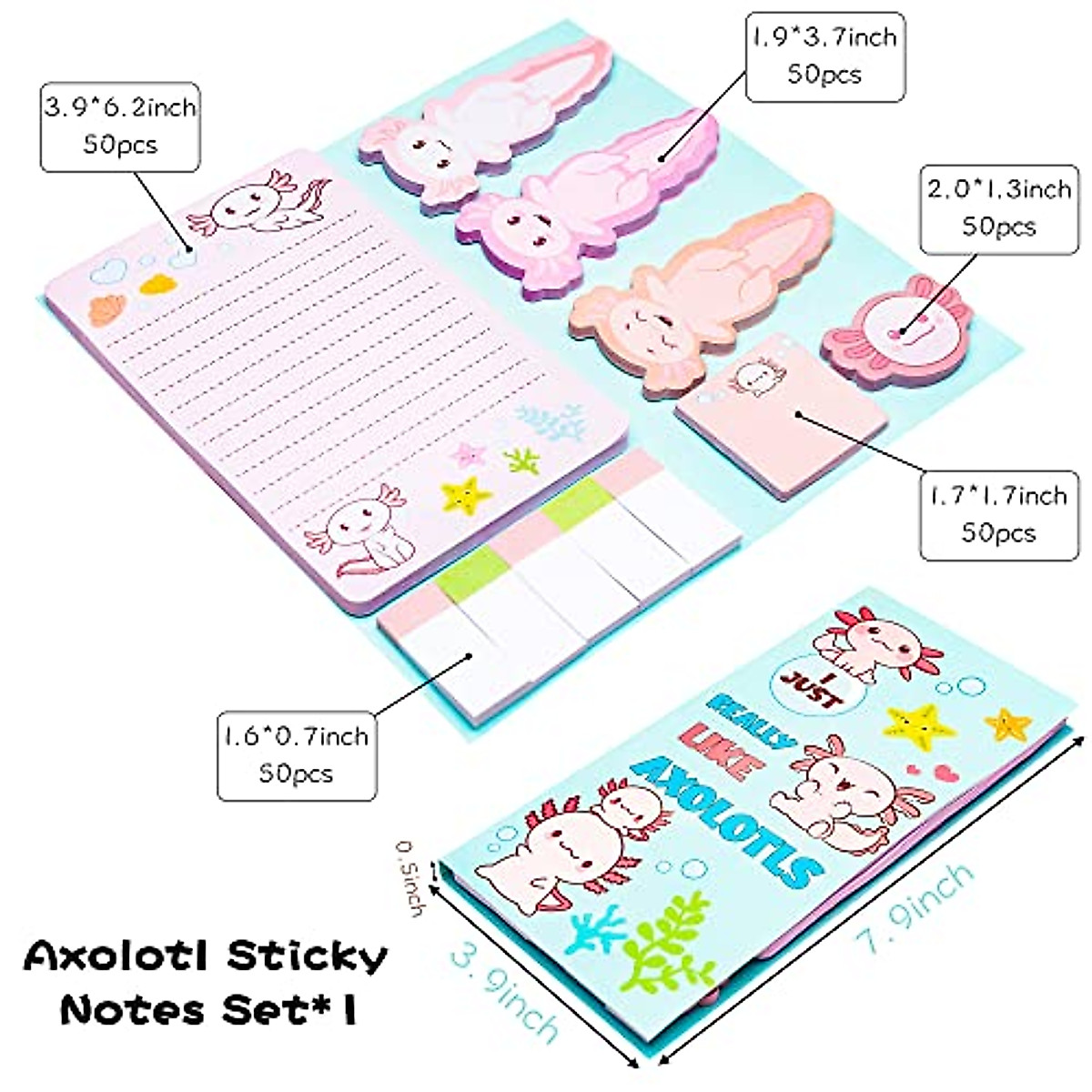 Xqumoi I Just Really Like Axolotl Sticky Notes Set, 550 Sheets, Animal Mexican Walking Fish Shaped Self-Stick Notes Pads Divider Tabs Bundle Writing Memo Pads Page Marker School Office Supplies Gift