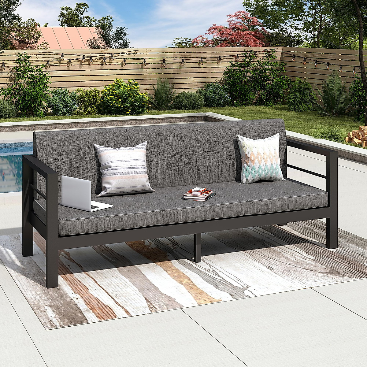 GARTOO Outdoor Aluminum 3 Seat Sofa Chair - Patio Furniture 3 Person Sofa with Waterproof Cushions, Modern Outside Weather Resistant Sofa Seat for Balcony, Garden, Poolside