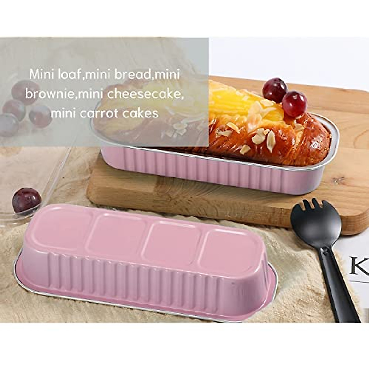 Findful Mini Loaf Baking Pans with Lids And Spoons (50 Pack, 6.8oz) Rectangle Aluminum Foil Baking Pans Tins Containers - Cupcake Containers Wrappers Cheesecake Creme Brulee Ramekins