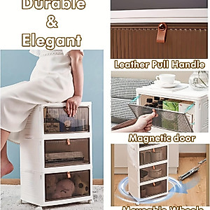 5 Tier Stackable Storage Bins with Lids, 28Qt Plastic Storage Containers with Magnetic Doors & Wheels, Convenient Storage Bins Closet Organizers, Household Organization for Home, Party, Office, Dorm