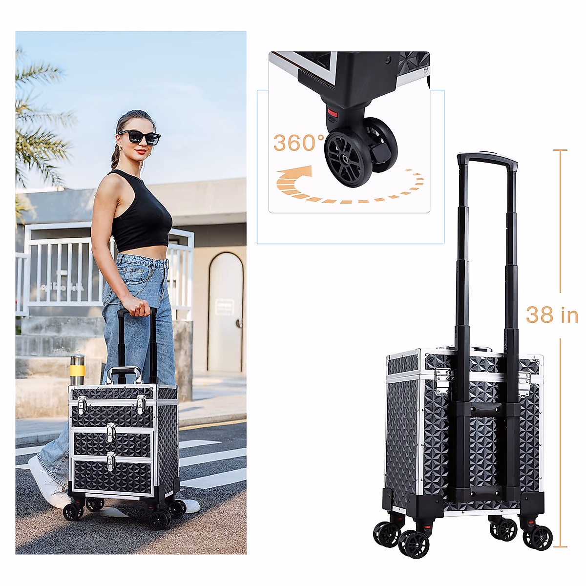 FRENESSA Professional Rolling Makeup Case Aluminum Trolley Train Case with 360° Swivel Wheels for Makuep Artist Travel Cosmetic Organizer with Sliding Drawers for Nail Tech Hairstylist Barber, Black