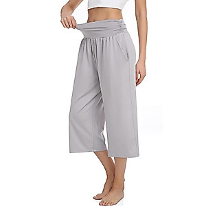 TARSE Women's High Pleated Waisted Capri Pants Casual Wide Leg Grey Yoga Pants Loose Soft Pajamas with Pockets Sweatpants Light Gray 2XL XXL