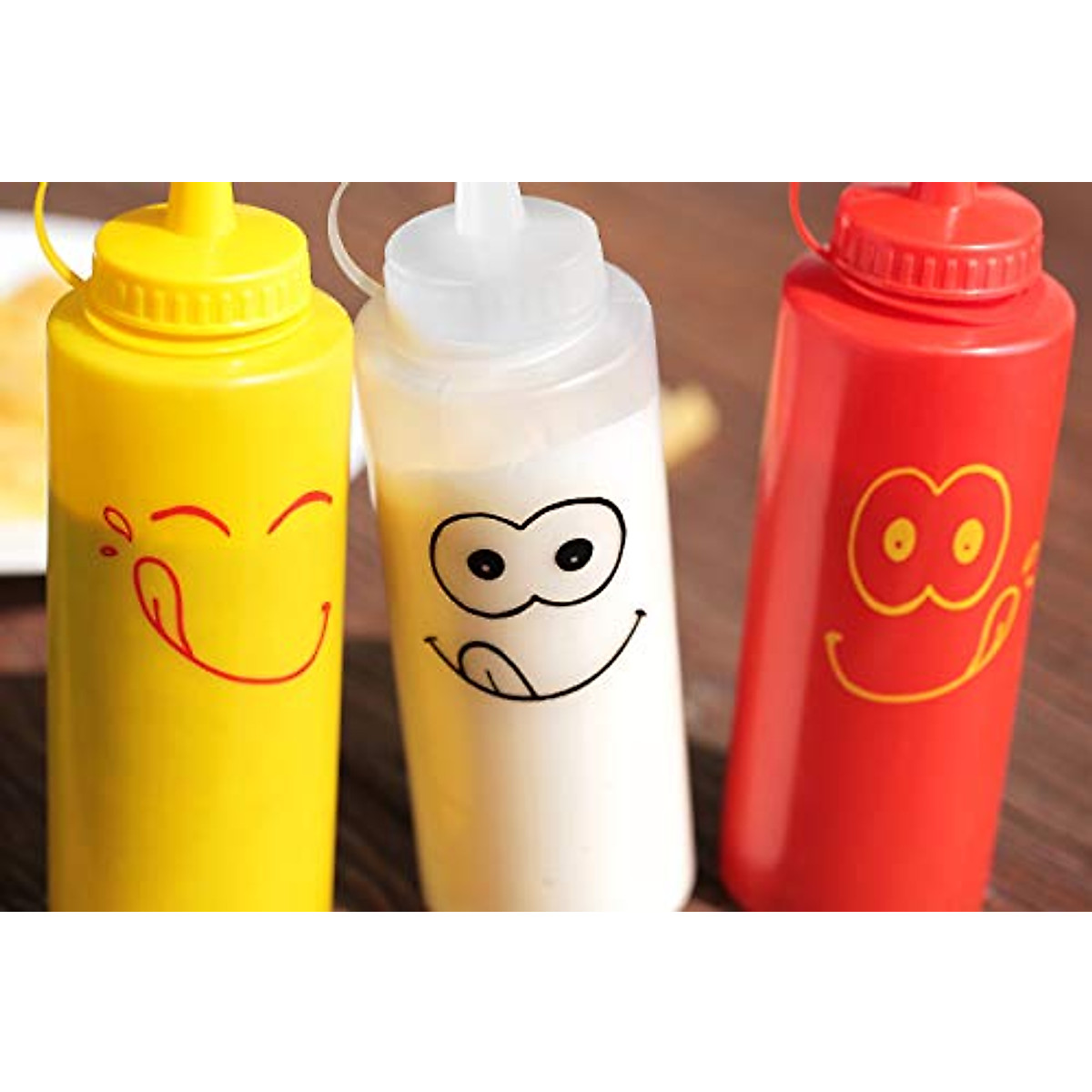 New Star Foodservice 533906 Smiley Faces Squeeze Bottle Set, Plastic, Red, Yellow, and Clear, 12 oz