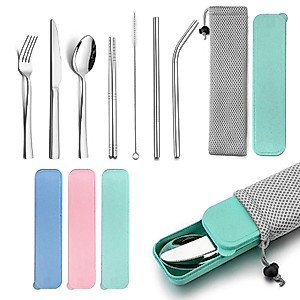 HaWare Portable Travel Utensils with Case, Stainless Steel Silverware Set for Camping Office School Lunch, Including Knife Fork Spoon Chopsticks, Reusable and Dishwasher Safe(Green)