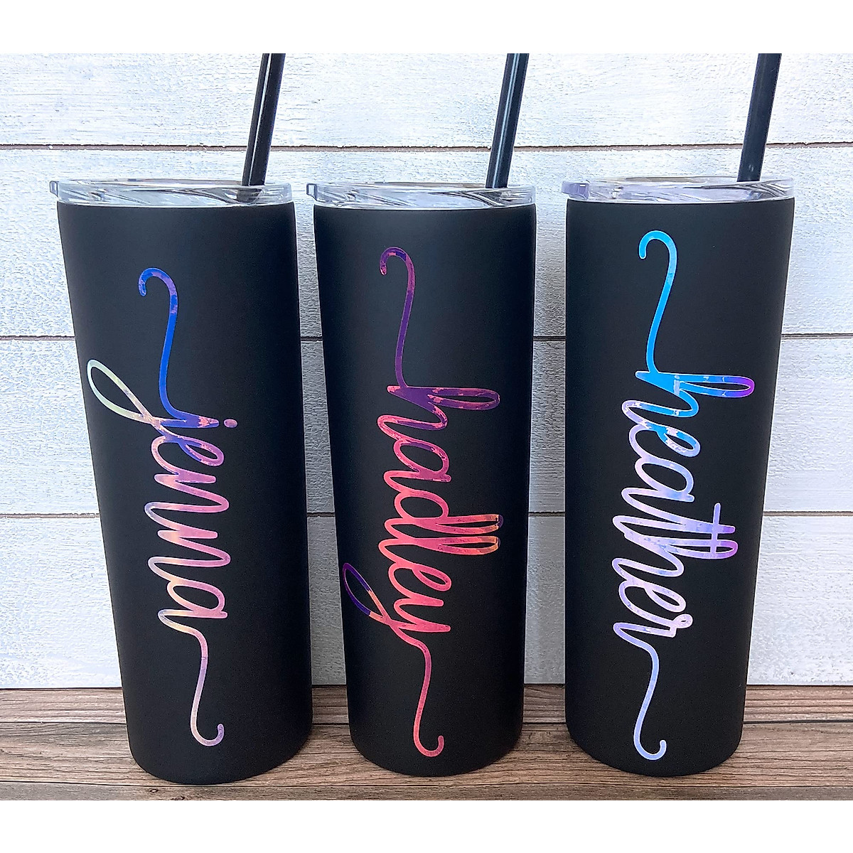 20 oz Stainless Steel Skinny Tumbler with Personalized Swirl Name Decal in Opal or Chrome Vinyl by Avito - Includes Straw and Lid - Bridesmaid, Bachelorette, Bridal Party Gifts, Mother's Day Gift