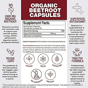 Fresh Nutrition Organic Beet Root Capsules - Strongest DNA Verified 2400mg Per Serving - Vegan Friendly, Non GMO, Gluten and Soy Free
