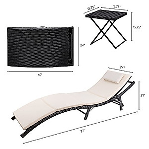 Devoko Patio Chaise Lounge Sets Outdoor Rattan Adjustable Back 3 Pieces Cushioned Patio Folding Chaise Lounge with Folding Table (Beige)