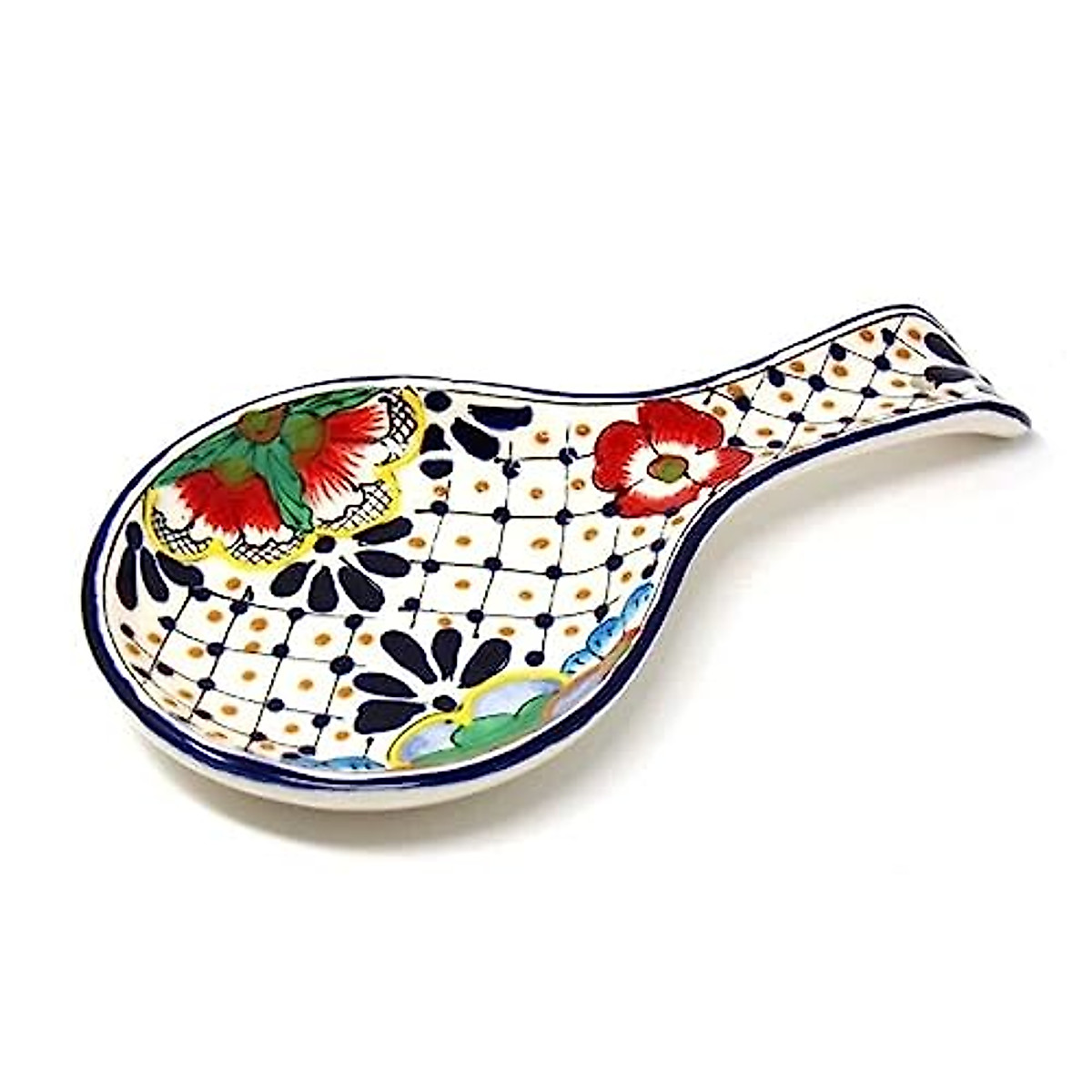 Handmade Pottery Spoon Rest, Dots & Flowers Encantada