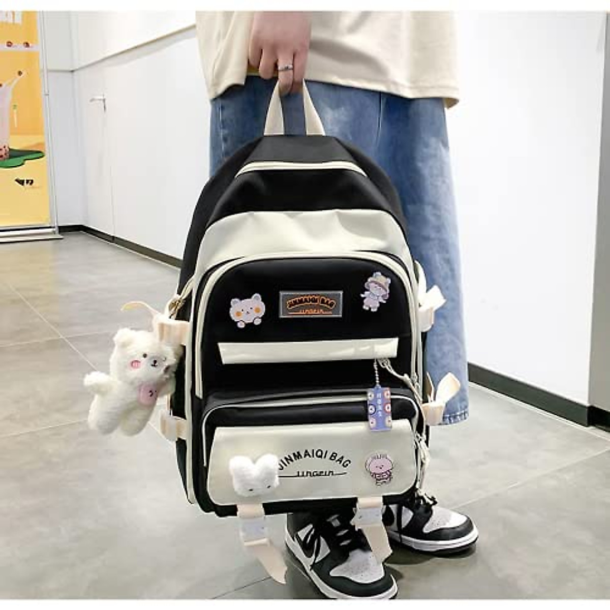 SHINsuke 5Pcs Kawaii Cute Backpacks Combo Set with Bear Pendant Pins Back To School Supplies Anime Canvas Schoolbag Daypack Bag Kit (Black)