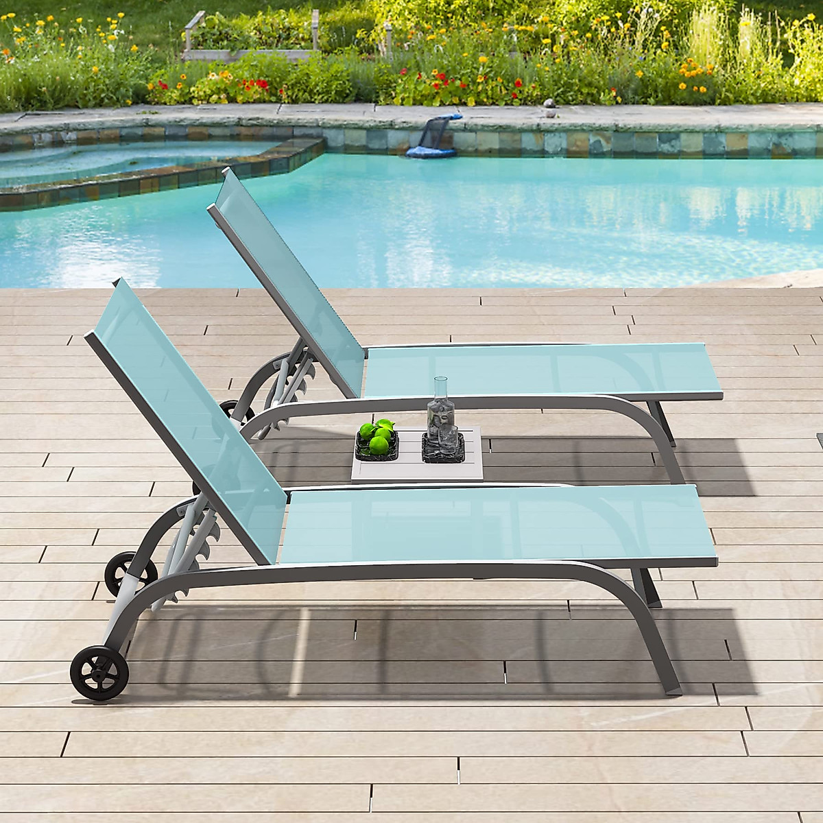 Domi Chaise Lounge Outdoor Set of 3, Lounge Chairs for Outside with Wheels, Outdoor Lounge Chairs with 5 Adjustable Position, Pool Lounge Chairs for Patio, Beach, Yard, Turquoise Blue