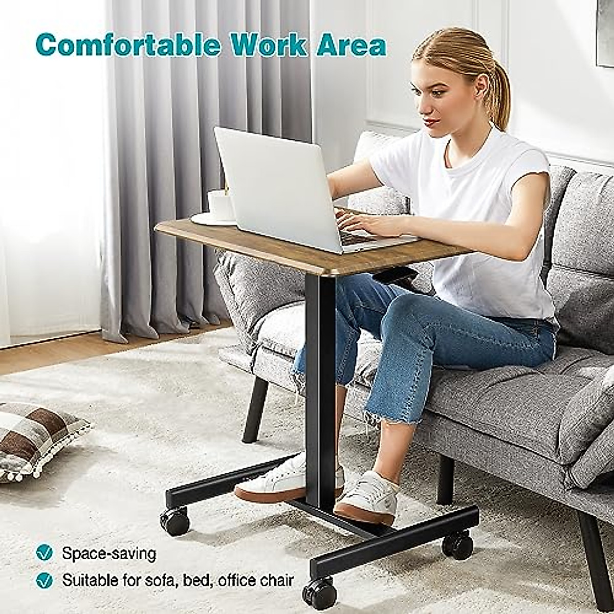 DUMOS Small Standing Desk Mobile Portable Rolling Laptop PC Table on Wheels Adjustable Height Computer Workstation for Home Office, 19 Inch, Brown