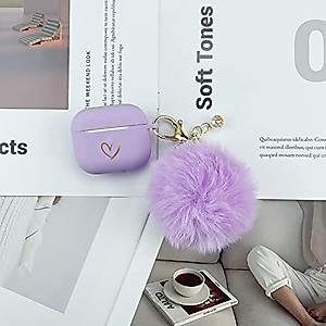AIIEKZ Compatible with AirPods 3 Case Cover 2021, Cute Soft Silicone Case with Gold Heart Pattern for AirPods 3rd Generation Case with Fur Ball Pom Pom Keychain for Girls Women (Lavender Purple)