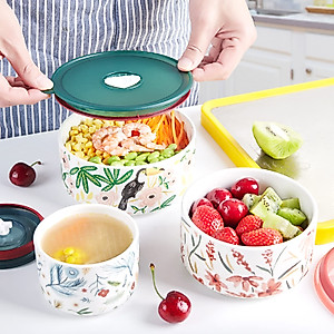 Thousandaynight Ceramic Containers with Lids, 3 Piece Serving Bowls Set, Microwave & Dishwasher Safe, For Soup, Salad, Rice, Cereal, Breakfast, Dinner, Serving, Oatmeal (Pink)