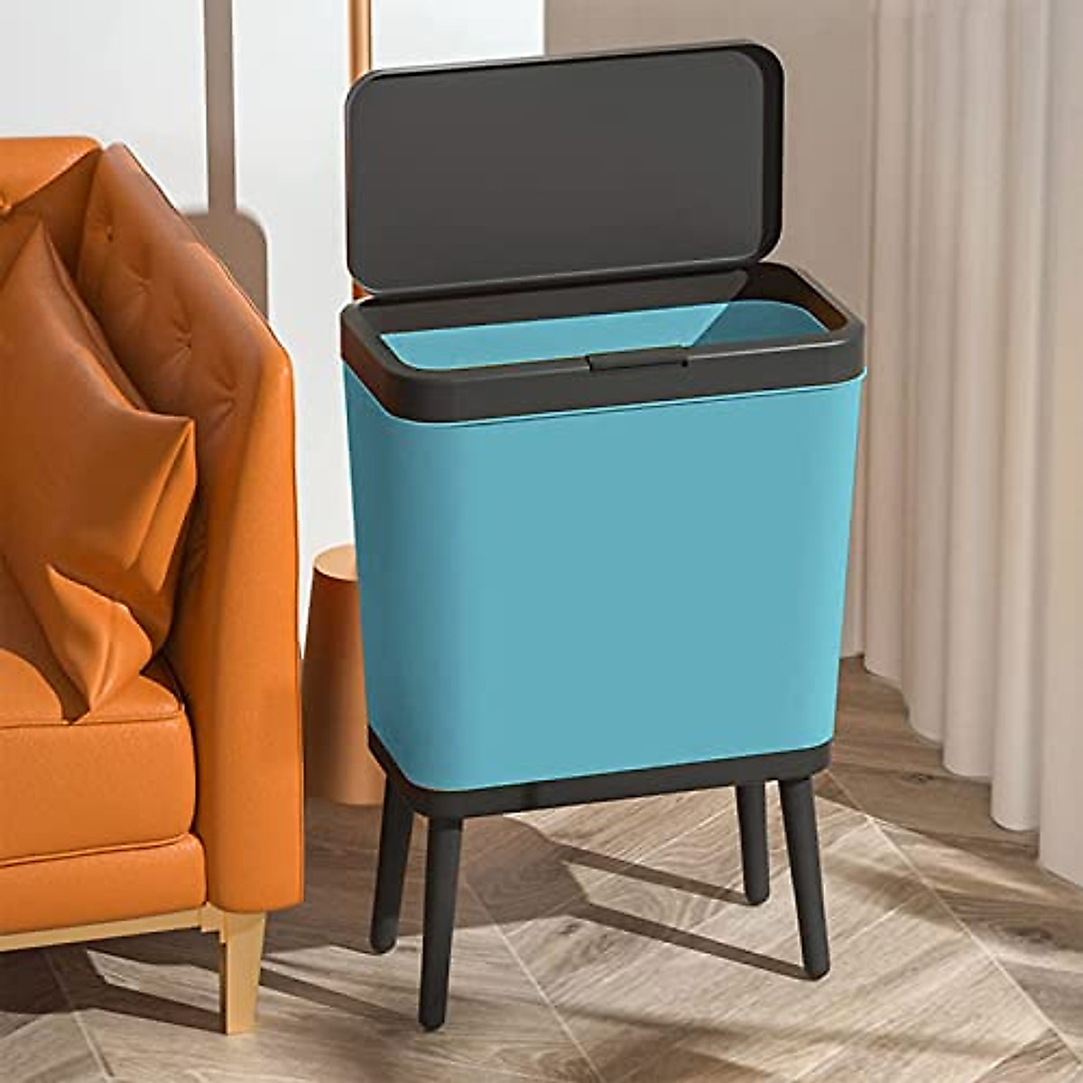 URALFA Slim Trash Can for Kitchen, 4 Gallon Narrow Garbage Can with Press Top Lid, Small Plastic Trash Bin Modern Garbage Bin Waste Basket for Home, Bedroom, Toilet, Living Room & Office, Blue