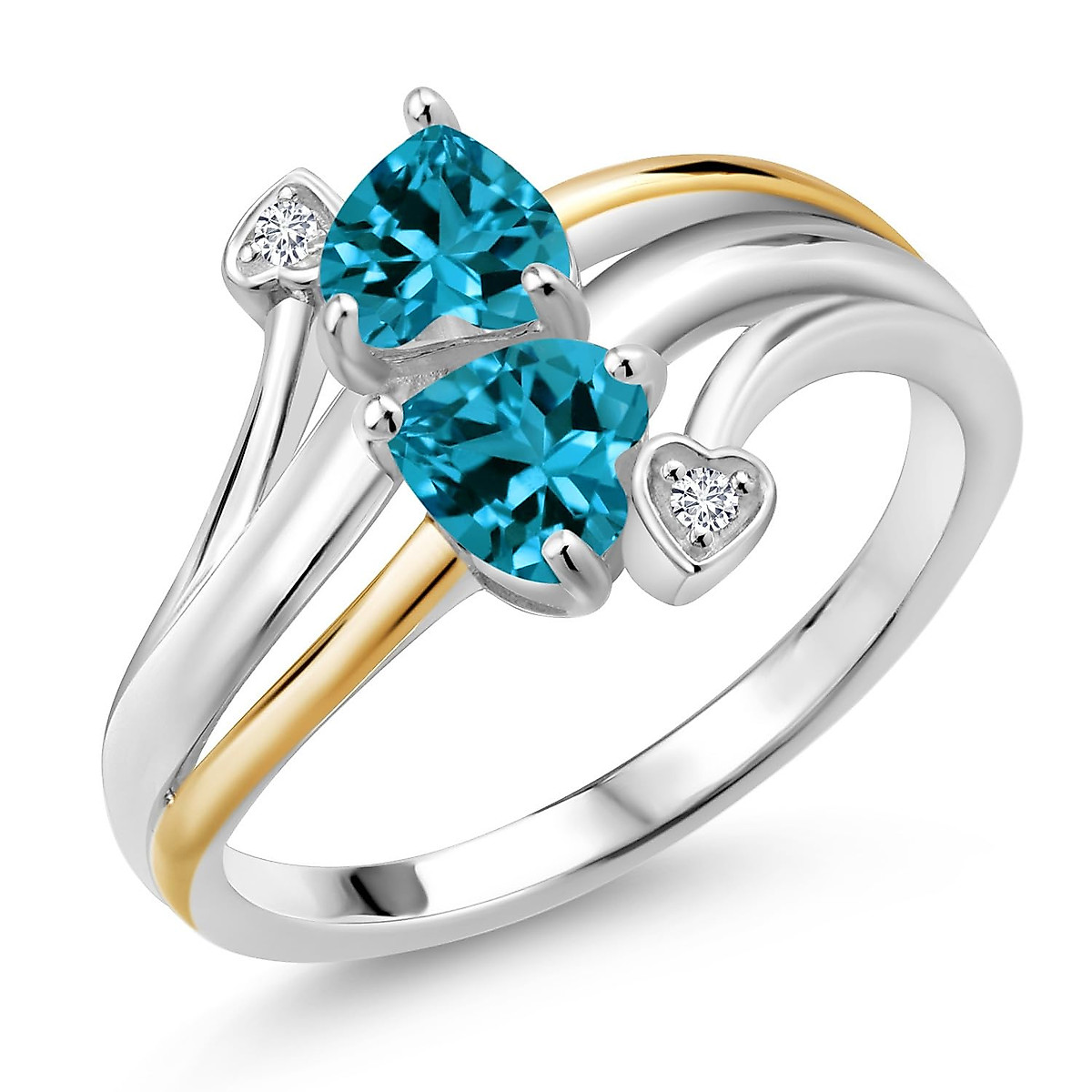 Gem Stone King 1.12 Ct London Blue Topaz 925 Silver and 10K Yellow Gold 2 Heart Promise Couple Engagement Mother Lab Grown Diamond Ring (Size 7)