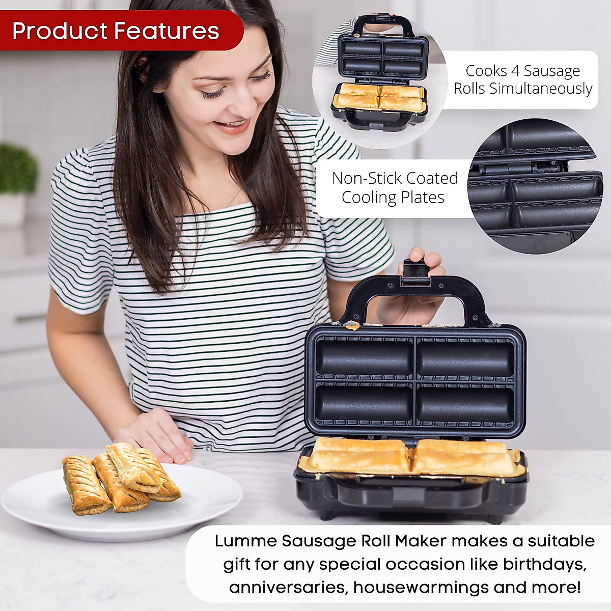Lumme Sausage Roll Maker, Snack Maker, Delicious Pizza Pockets, Hot Dogs in Blanket, Hot Apple Pie, Chocolate Roll, Sausage Rolls, Fits 4, Non-stick, Make Quick, and savory meals Black