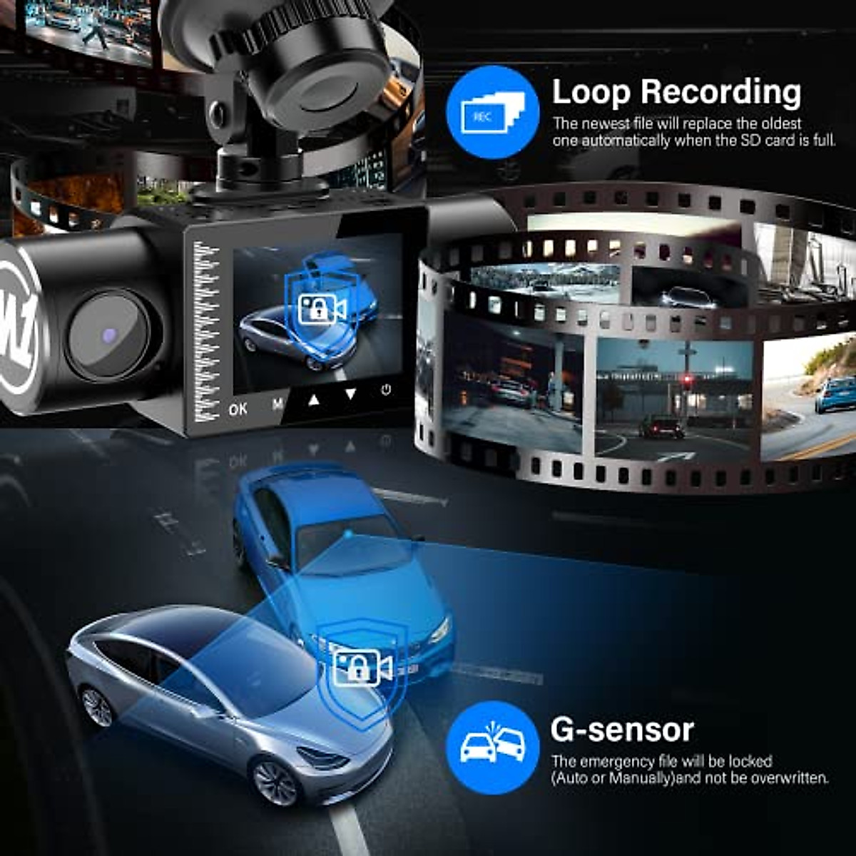 FocuWay Dash Cam Front and Rear Dual 1080P Two Channels with IR Night Vision Car Camera SD Card Included Dashboard Camera Dashcam for Cars HDR Motion Detection and G-Sensor for Car, Taxi