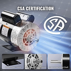 VEVOR 5HP SPL Air Compressor Electric Motor, 230V 15.0A, 56 Frame 3450RPM, 1.88" Shaft Length, 5/8" Keyed Shaft, Dual CW/CCW Rotation for Air Compressors