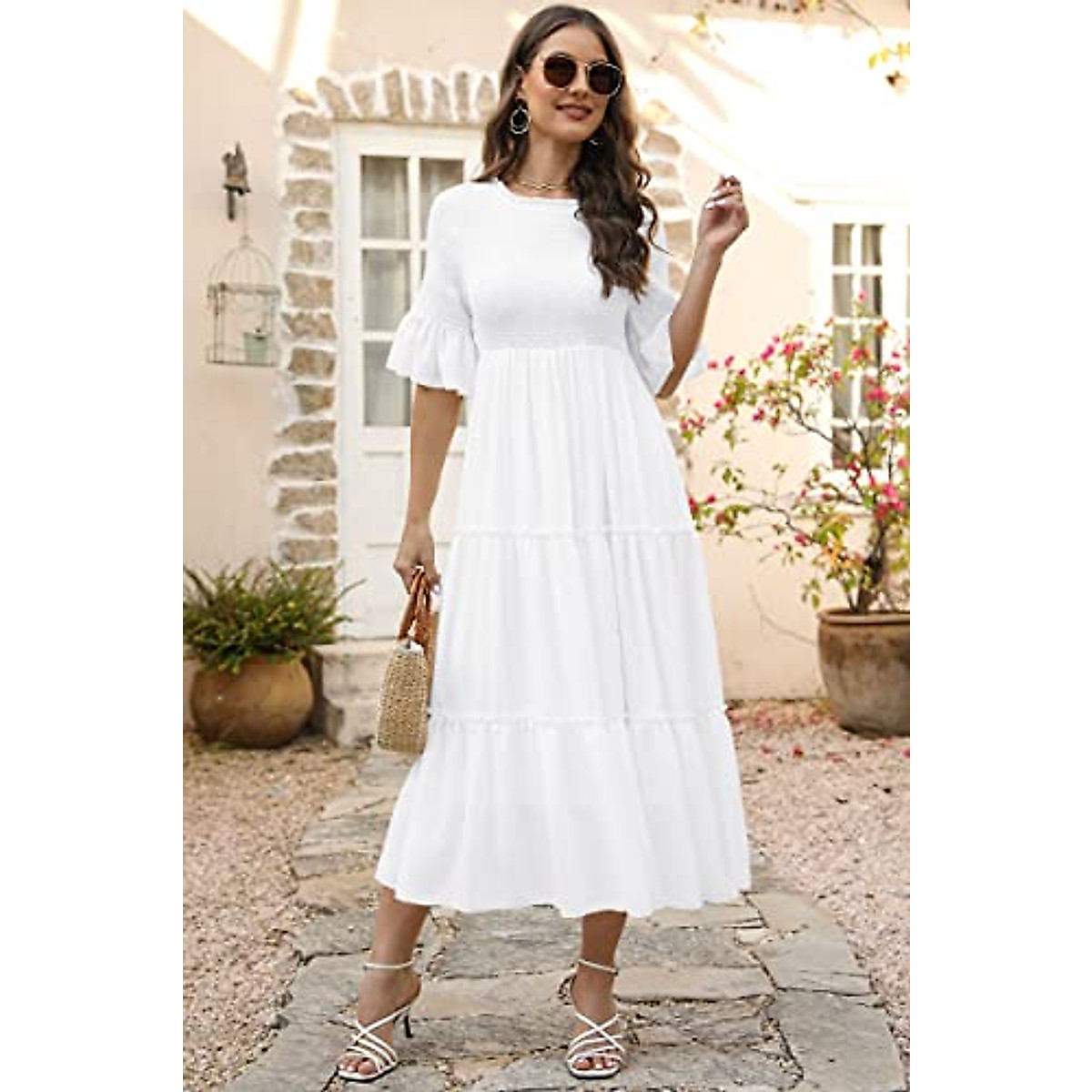 LILLUSORY Womens Summer Dresses Graduation Bridal Shower Flowy Smocked Ruffle Boho Modest 2023 Long Sundresses Trendy Casual Sun Dress with Sleeves White