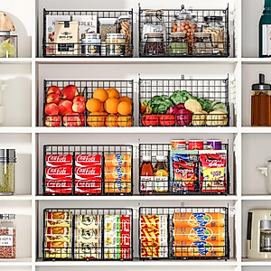 X-cosrack XXL Stackable Wire Baskets for Pantry Organizers and Storage, 2 Pack Snack Organizer Baskets with 4 Removable Dividers, Metal Pantry Storage Bins for Snack Canned Spice Food, Black