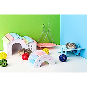 DJun Hamster Rainbow Chew Toys Include House Bridge Swing Seesaw and 10 Colorful Rattan Balls, Pet Sport Exercise Toys Set, Guinea Pig Rat Chinchilla Cage Accessories for Small Animals (Style 1)