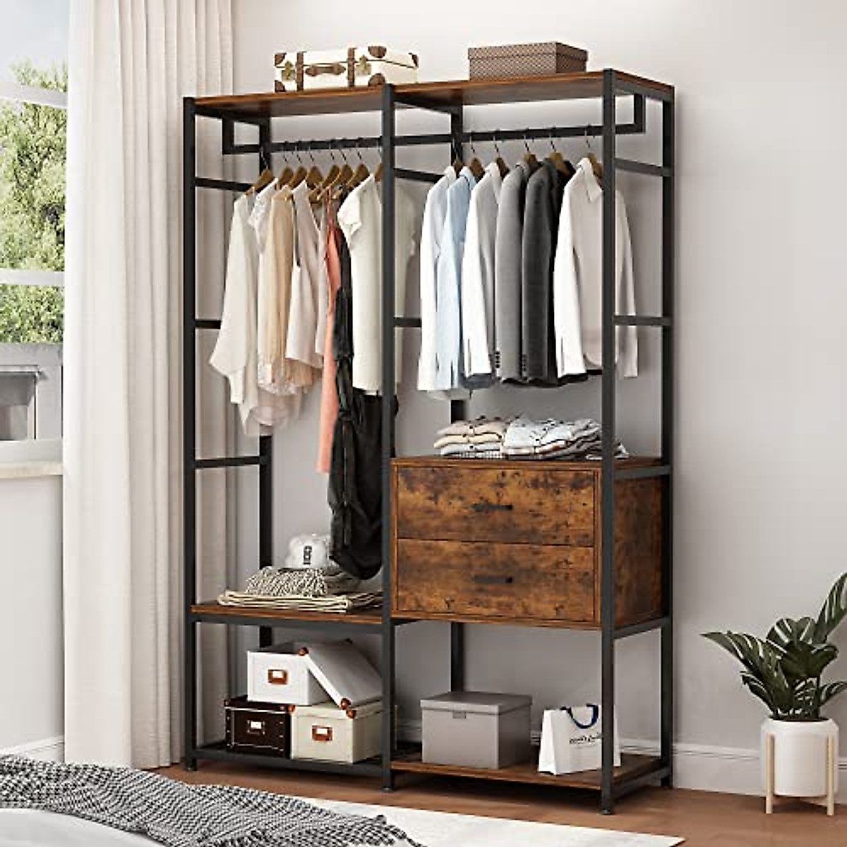 Karl home Freestanding Clothes Rack with 2 Drawers, Heavy Duty Garment Rack with 2 Hanging Rods, Clothing Shelves Metal Frame Wardrobe Closet Organizer for Shoes Coat Storage, Walnut Board 71.3" H