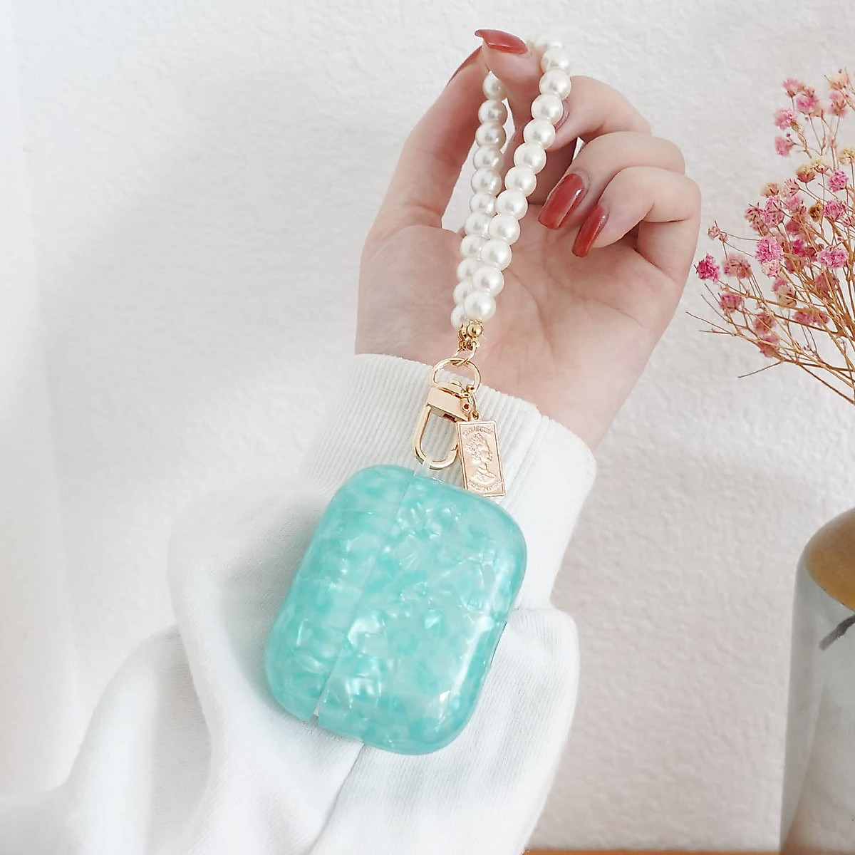 SAMTANY AirPods 3rd Case with Pearl Keychain Sotf TPU Cover Compatible with AirPods 3rd Generation Case for Girls and Womens (Blue)