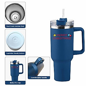 LB LEOBON 40 ounce insulated cup with handle, double-layer vacuum stainless steel material, equipped with straw, can keep warm or maintain cold drinks Merry Christmas Stars Balls Cowboy Blue