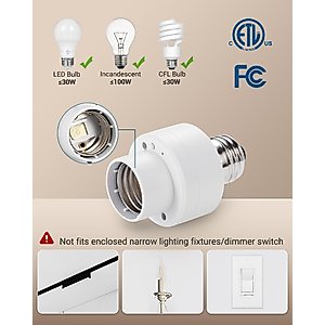 DEWENWILS Remote Control Light Socket with Dimmer, Wireless Light Switch, Dimmable Remote Light Bulbs Socket Switch, 100FT, E26 E27 Base with Controller, No Wiring, for Closet, Basement, ETL Listed