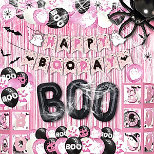 116Pcs Pink Halloween Birthday Decorations Happy Boo Day Decorations for Girl Happy Boo Day Party Decorations with Pink Halloween Balloons Halloween Spider Decorations for Boo Day Decorations
