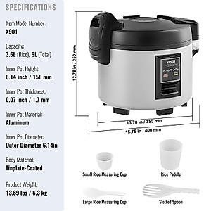 VEVOR Commercial Rice Cooker, 9.51Qt/45 Cups Cooked Rice, Large Rice Cooker and Warmer with Nonstick Inner Pot, Fast Cooking and 12-Hour Keep Warm, with Rice Cup and Paddle, for Restaurant