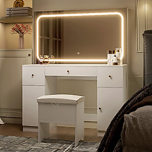 ClouDDwell Makeup Vanity Desk with Large Mirror and LED Lights, 3 Lighting Modes and Power Outlet. Makeup Vanity with 3 Drawers,2 Cabinets and Chair, Stool with Storage, for Bedroom, White, 1 Case