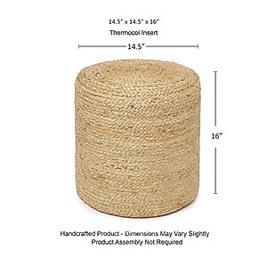 REDEARTH · Cylindrical Pouf Ottoman - Braided Pouffe Accent Sitting Round Footrest for Living Room, Bedroom, Nursery, kidsroom, Patio, Gym; 100% Jute (14.5"X14.5"X16"; Natural)