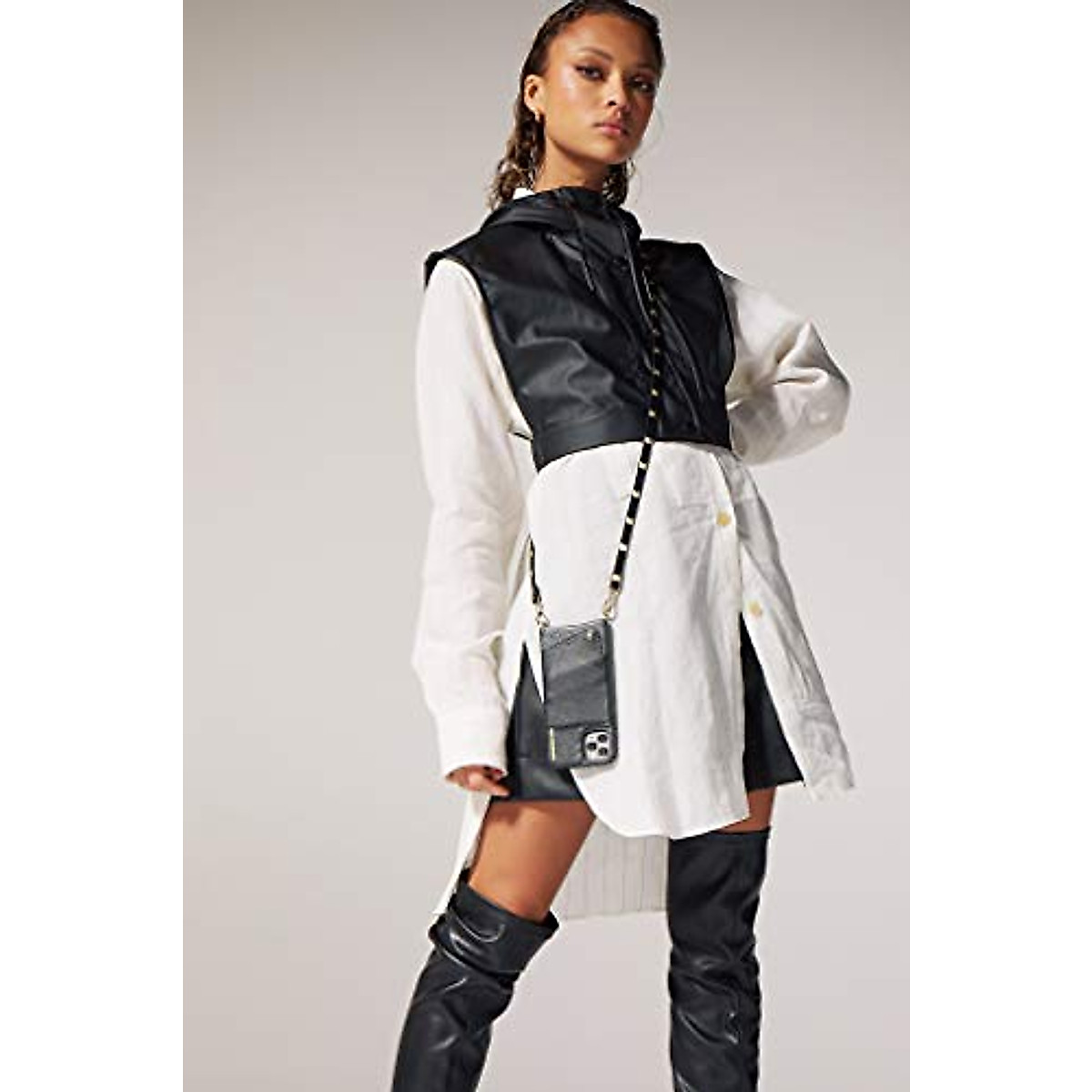 Bandolier Sarah Crossbody Phone Case and Wallet - Black Leather with Gold Detail - Compatible with iPhone 14 Pro Max