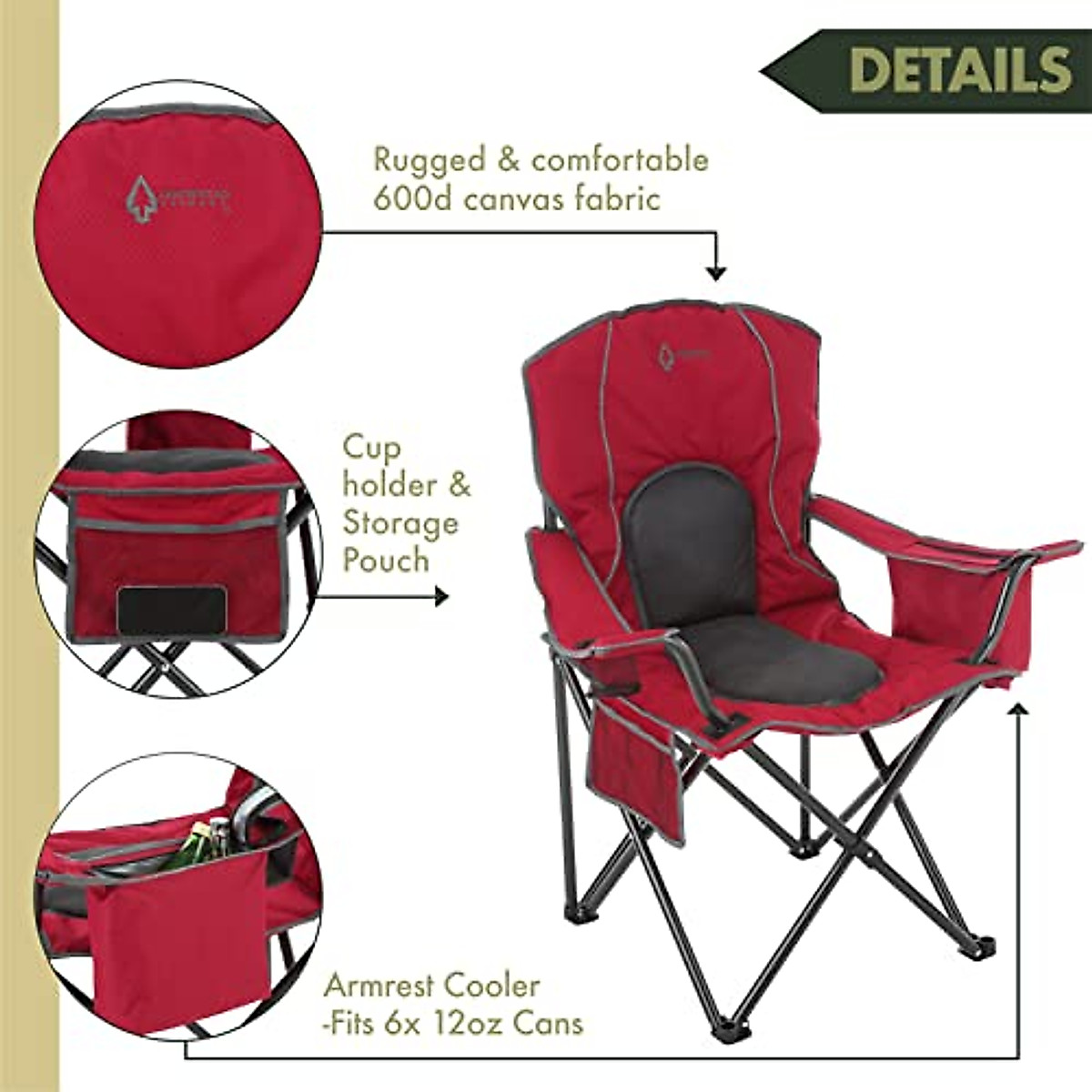 ARROWHEAD OUTDOOR Portable Folding Camping Quad Chair w/ 4-Can Cooler, Cup-Holder, Heavy-Duty Carrying Bag, Padded Armrests, Supports up to 330lbs, USA-Based Support
