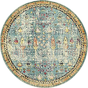 Unique Loom Monterey Collection Vintage Bohemian Inspired with Distressed Tribal Design Area Rug, Round 8' 0" x 8' 0", Blue/Yellow