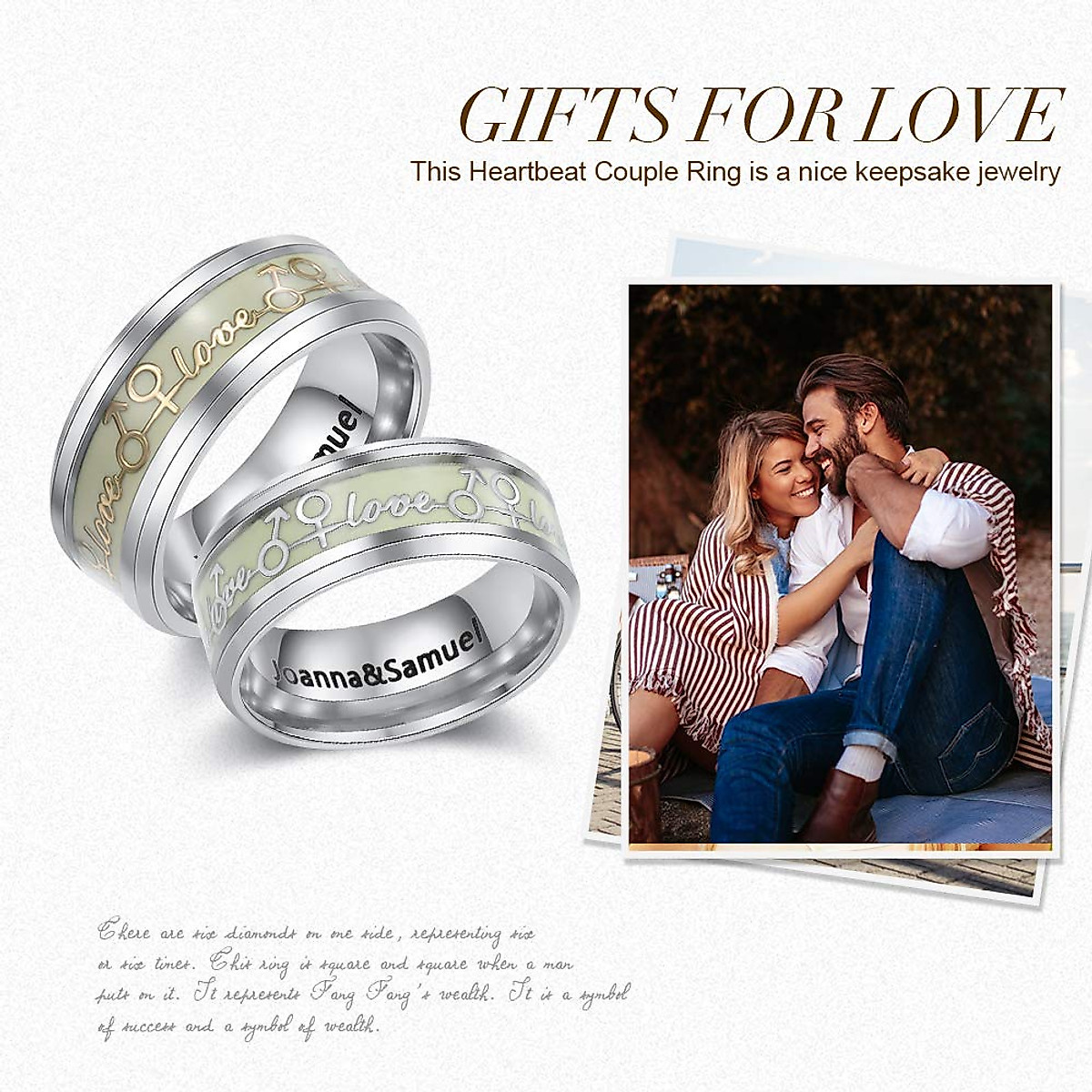 Ashleymade Personalized Couples Rings Set for Him and Her Promise Rings for Couples Engraving Luminous Ring Stainless Steel Engagement Rings for Couples Valentines Day (Couples Rings Set -2)